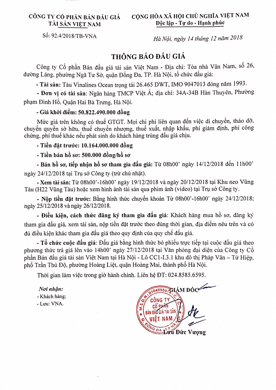 Thông báo bán đấu giá tàu Vinalines Ocean - Tổng công ty Hàng hải Việt ...