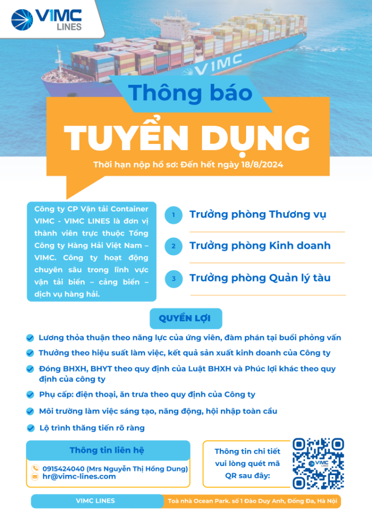 Thông báo tuyển dụng trưởng các phòng chuyên môn, nghiệp vụ VIMC LINES ...